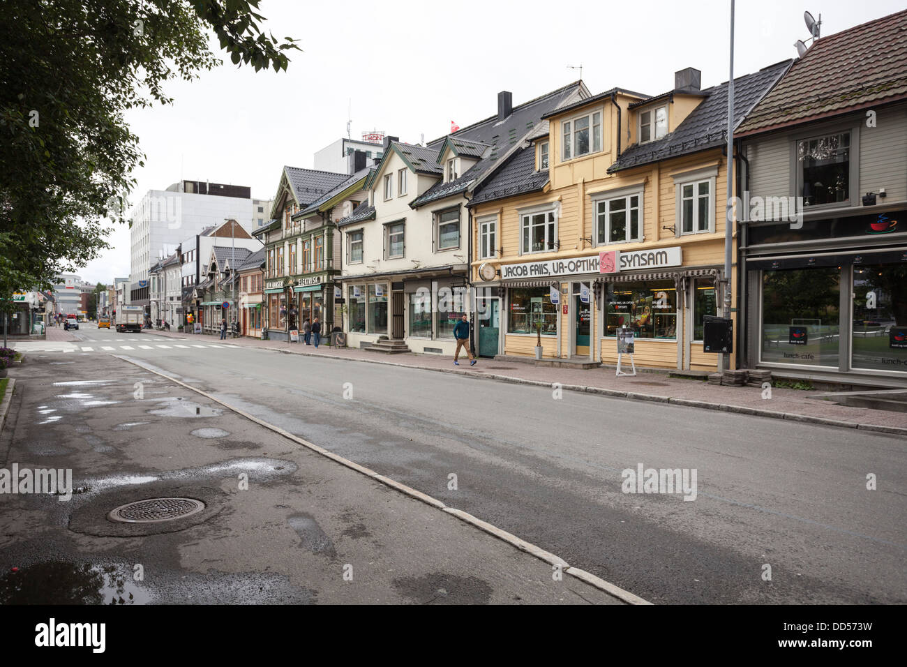 Street view from Tromso city center with old wooden houses Stock Photo ...