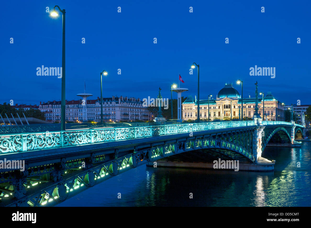 View of famous bridge and University in Lyon by night Stock Photo - Alamy