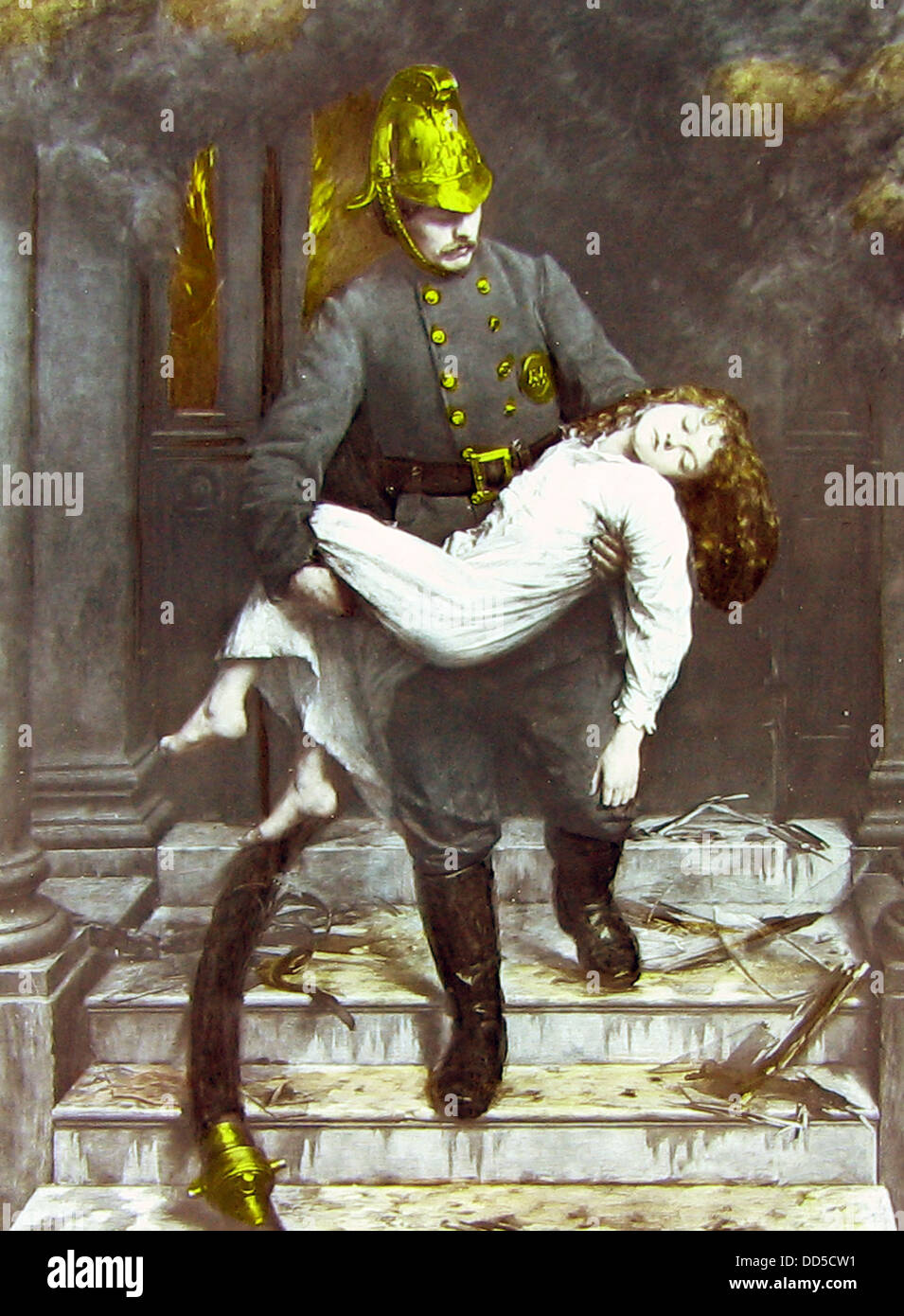Fireman rescuing a child Victorian period Stock Photo - Alamy
