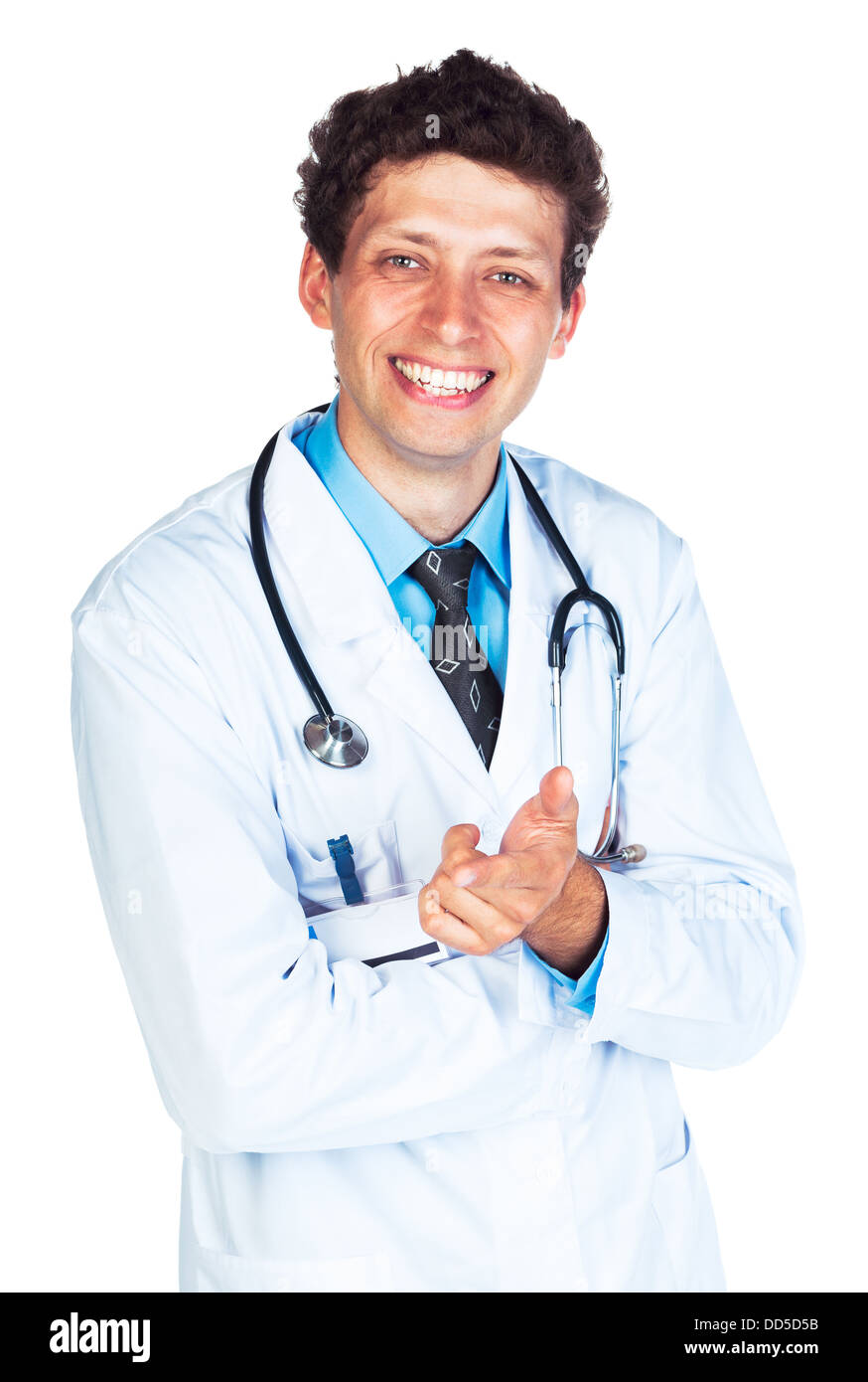 Portrait of a smiling male doctor with finger up on white background ...