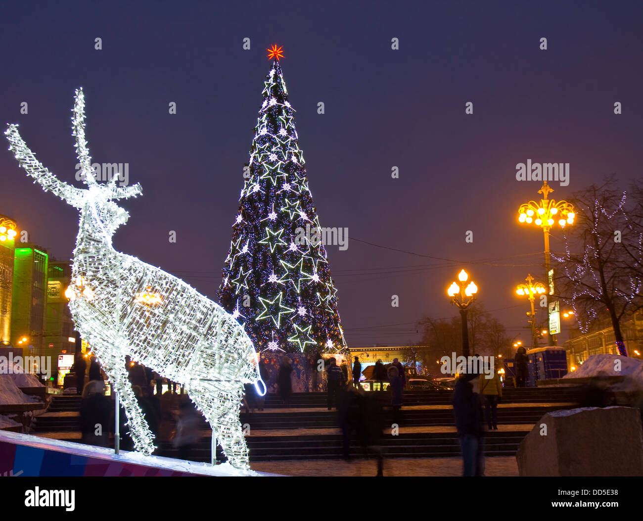 Christmas tree and electric deer in Moscow Stock Photo - Alamy