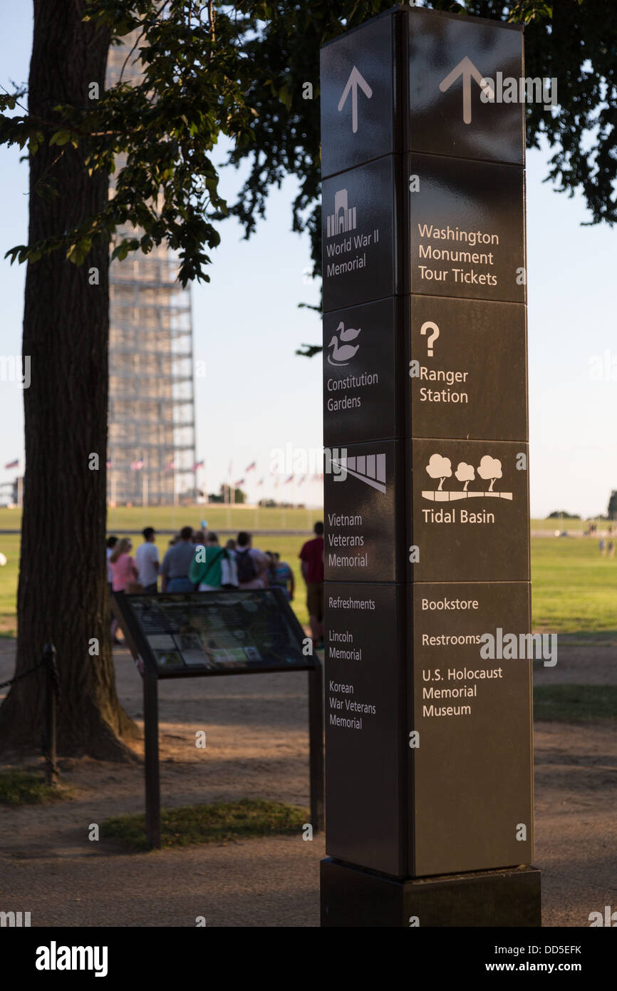 Sign to Washington Monument currently in scaffolding to repair the ...
