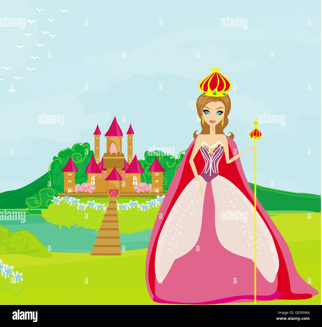 Beautiful queen in front of her castle Stock Photo - Alamy