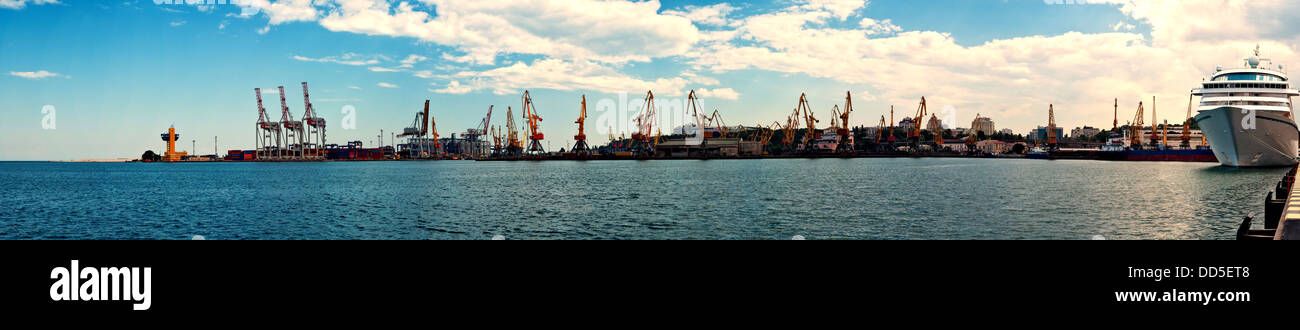 Panoramic seaport - view of seaport harbor, the liner at the mooring ...