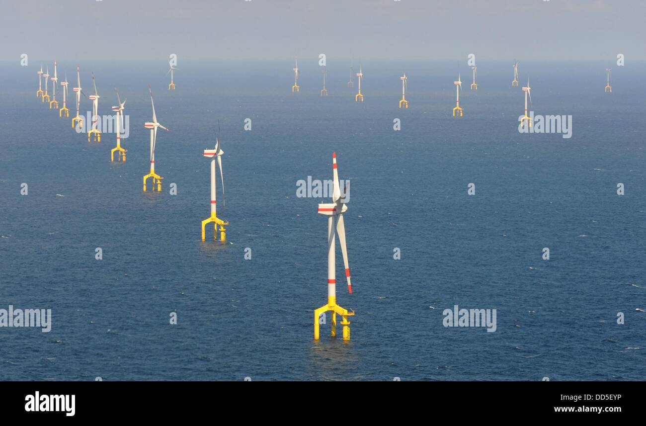 View of the wind turbines of the first finished commercial offshore ...