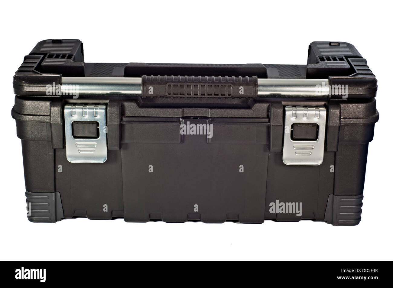 Big black tool box with latches and handle. Isolated on a white ...
