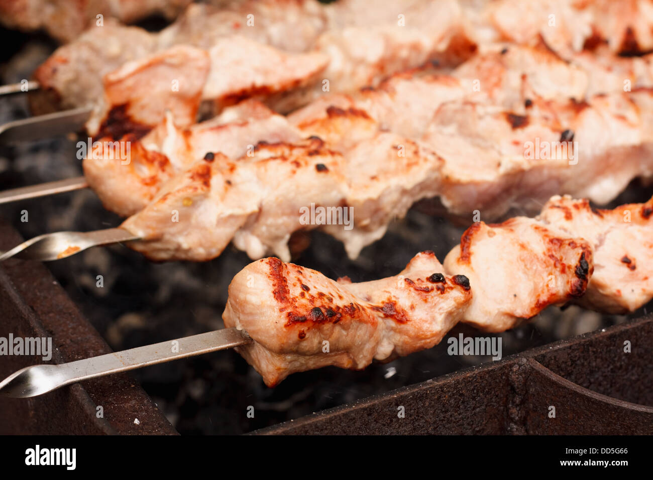 Shish kebab in process of cooking on open fire outdoors / Juicy slices ...