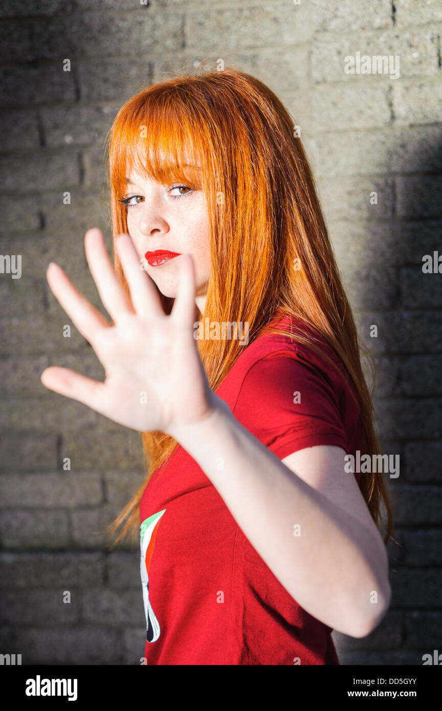 girl show stop sign with her hand Stock Photo - Alamy