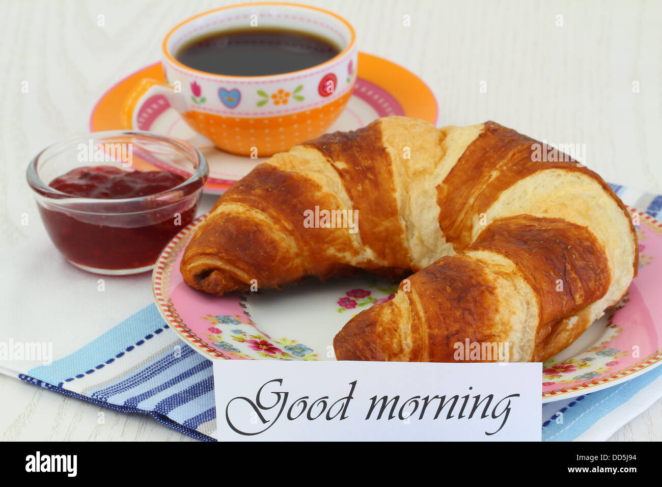 Good morning card with croissant, jam and coffee Stock Photo - Alamy
