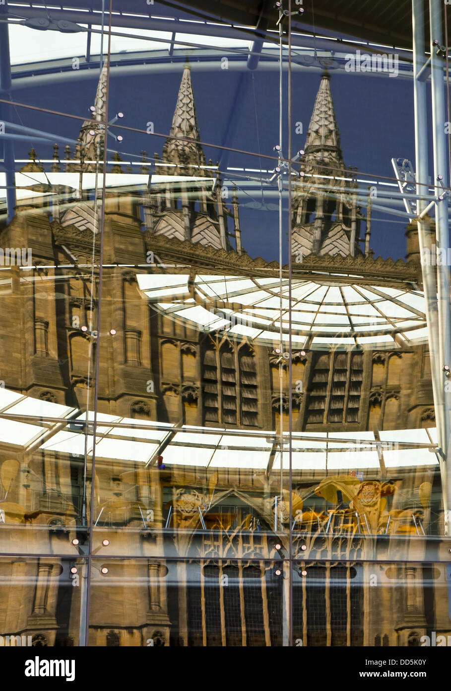 Church reflected in modern glass building ancient modern building Stock ...