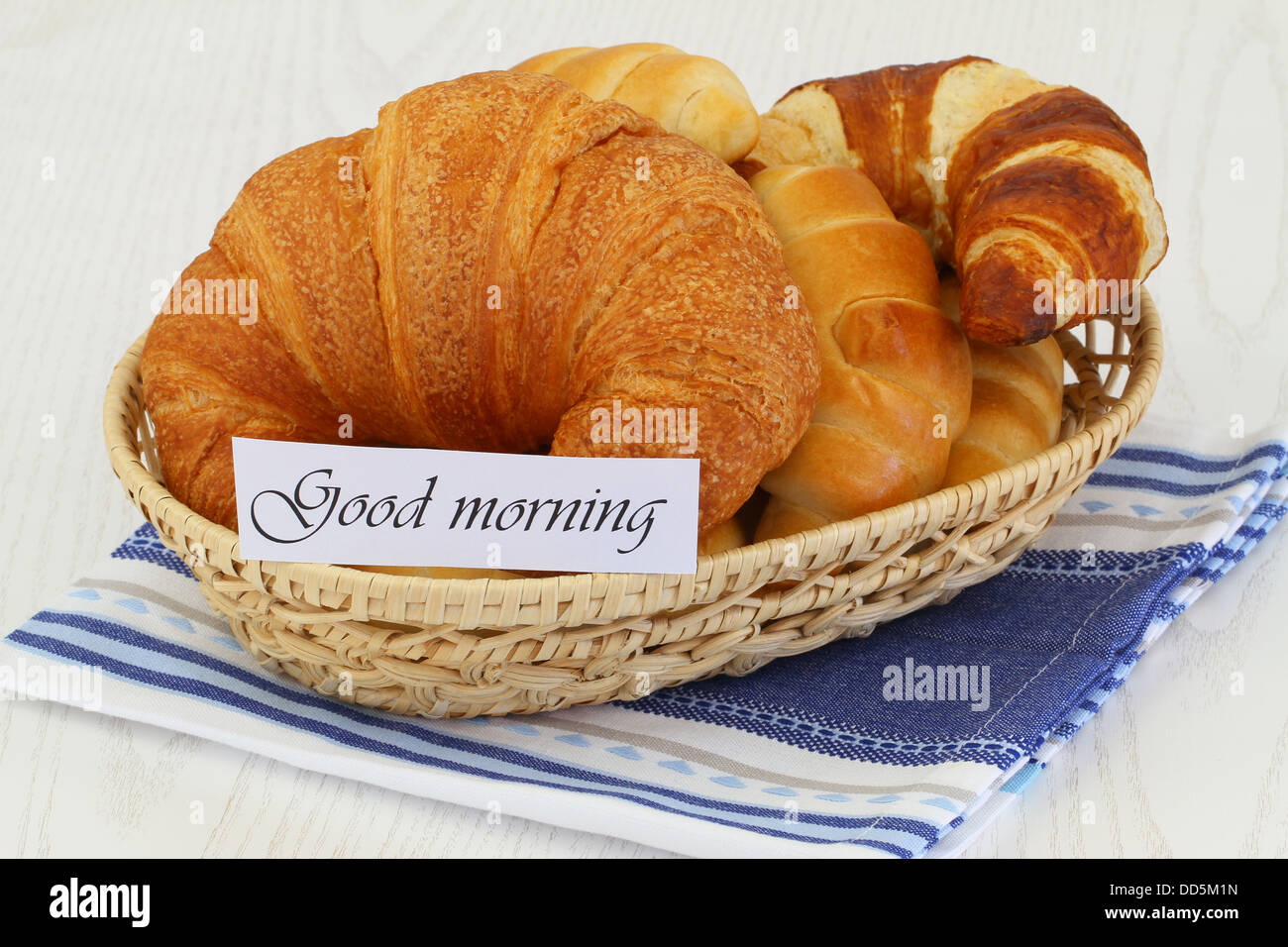 Good morning card with butter croissants in bread basket Stock Photo ...
