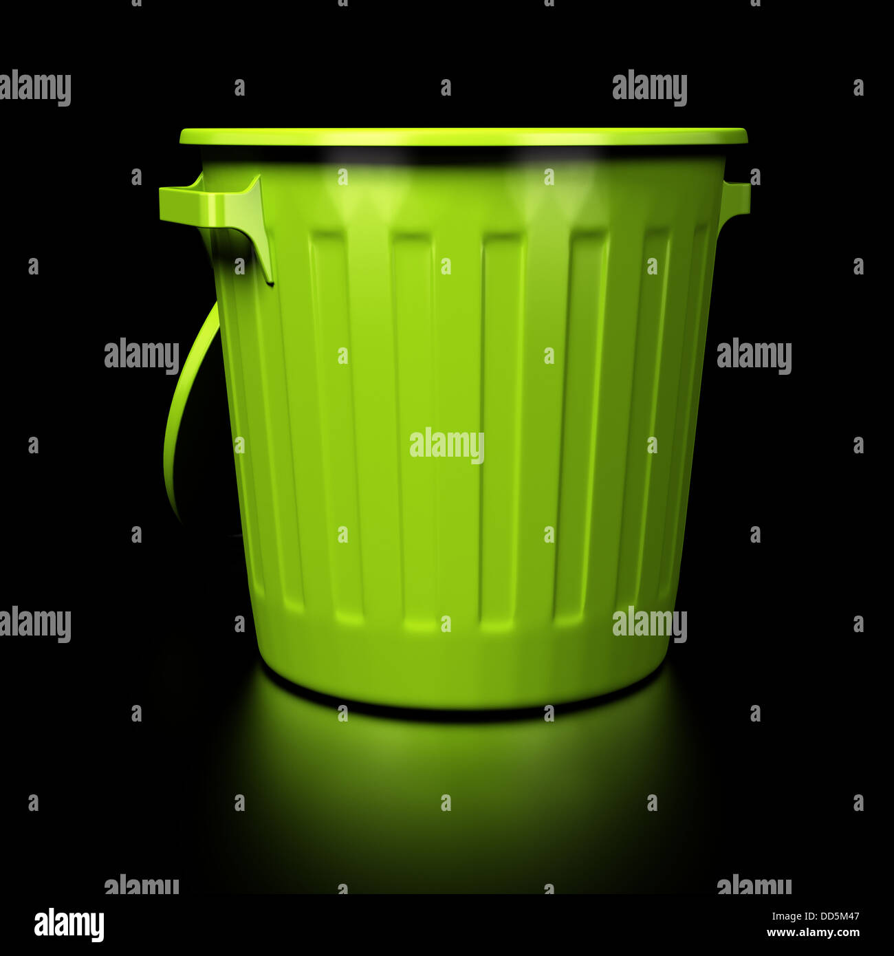 3D render image of a green empty trash bin over black background with ...