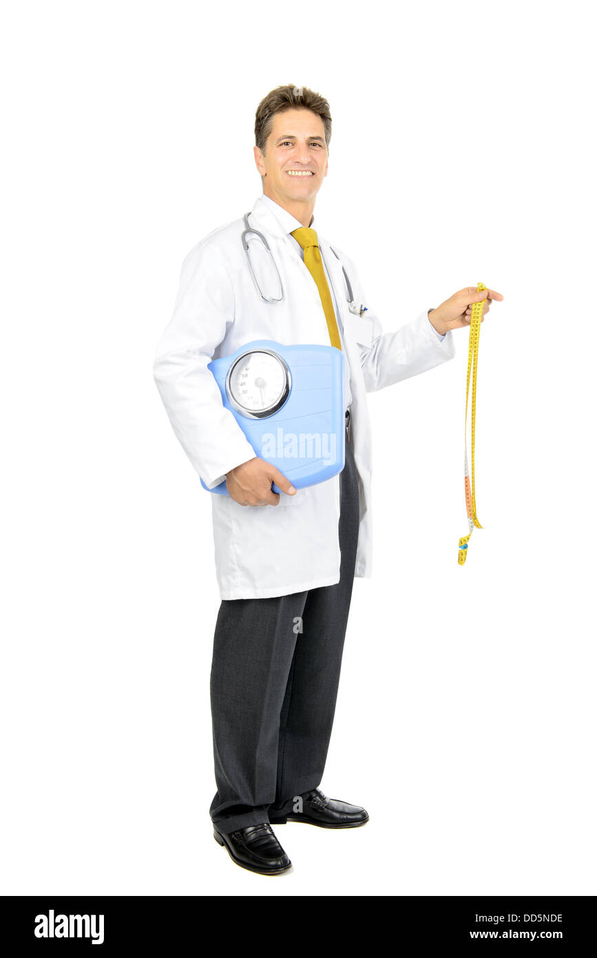 Doctor with weight scale and measuring tape isolated against a white ...