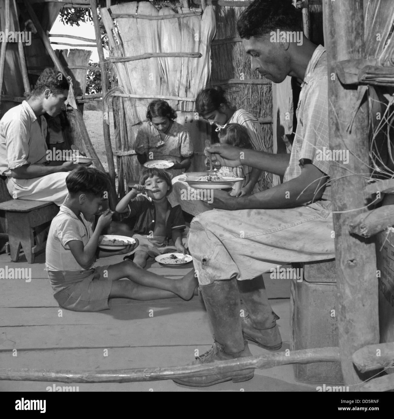 Puerto Rican family eating their main meal: rice, beans and a few ...