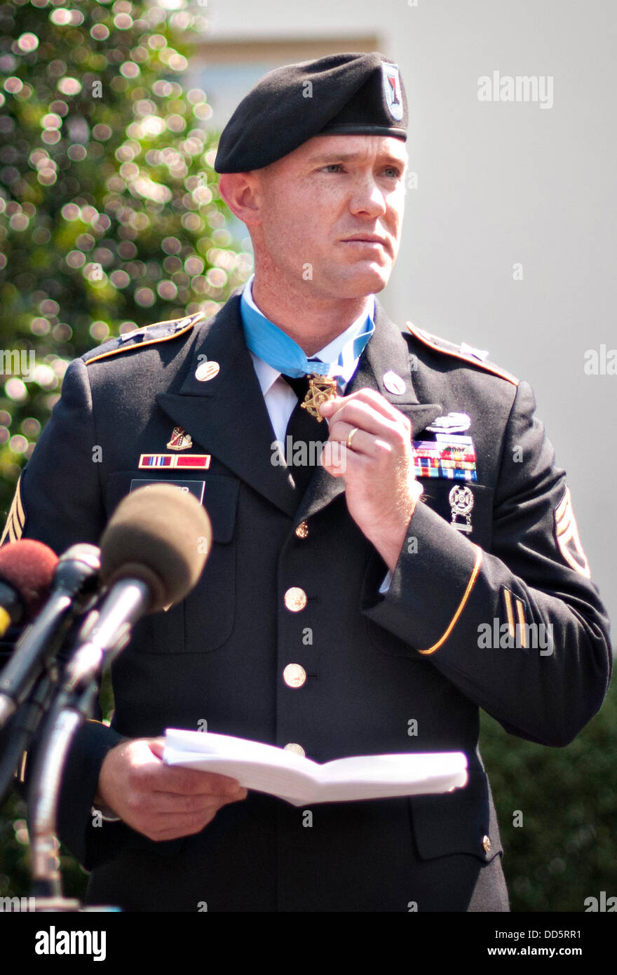 US Army Staff Sgt. Ty Michael Carter speaks to the press after ...
