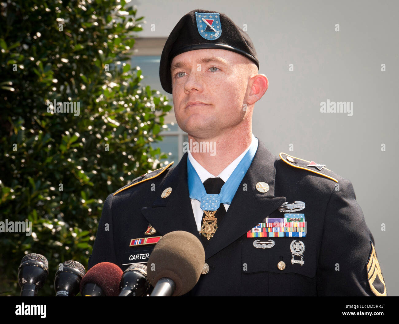 US Army Staff Sgt. Ty Michael Carter speaks to the press after ...