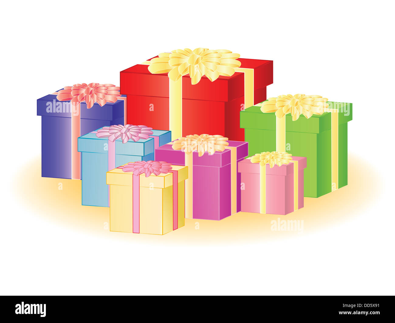 group of color present boxes with bows Stock Photo - Alamy