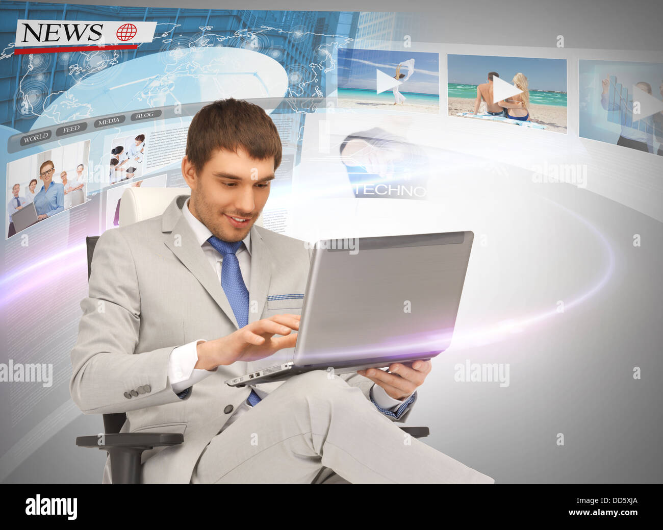 businessman with laptop pc reading news Stock Photo - Alamy