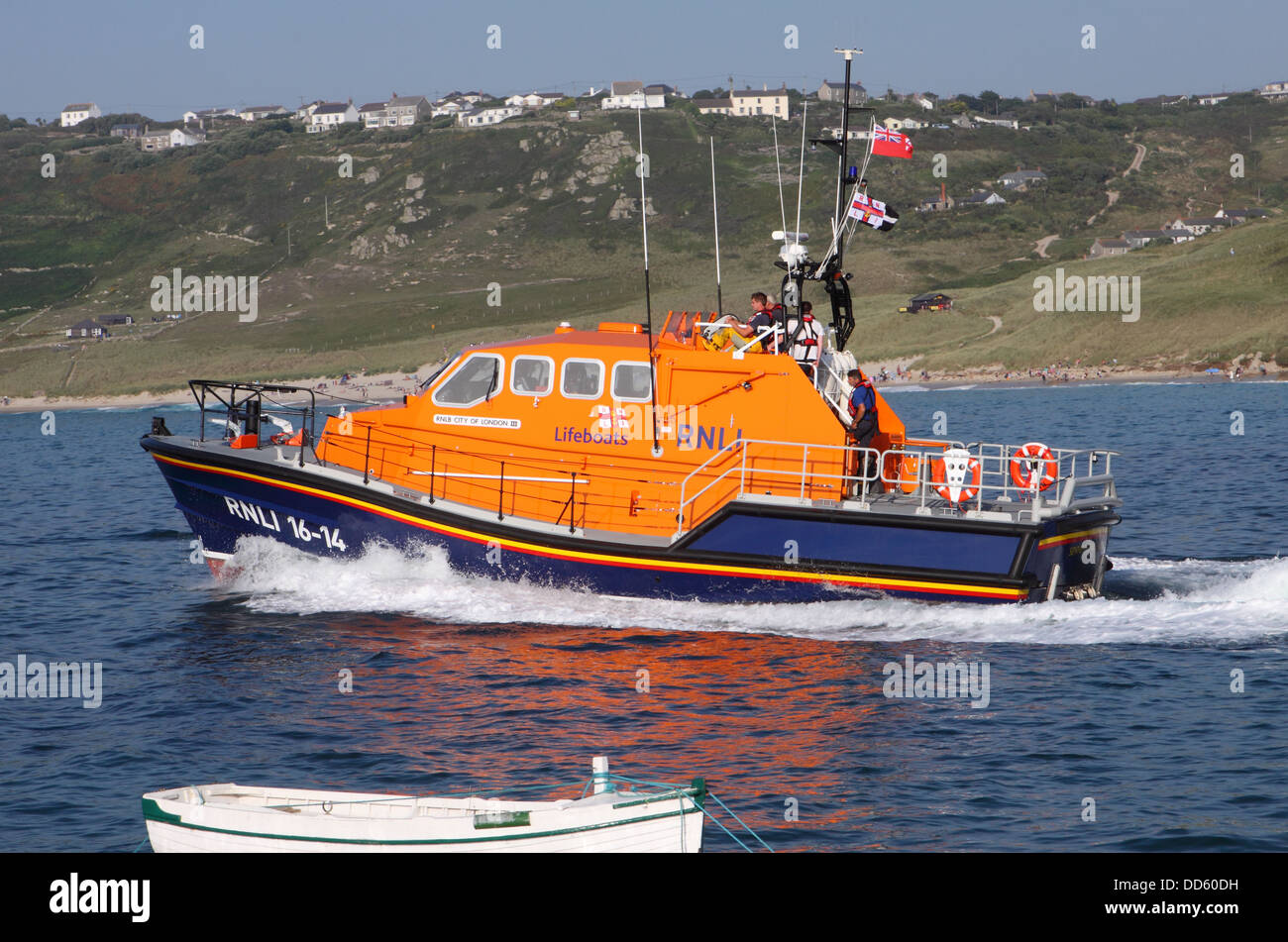 RNLI Tamar class lifeboat launching at Sennen Cove Cornwall in 2013 ...