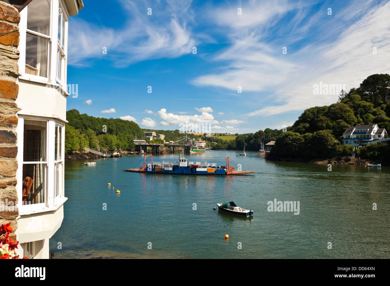 Horizontal view of the Bodinnick car ferry as it crosses the river ...