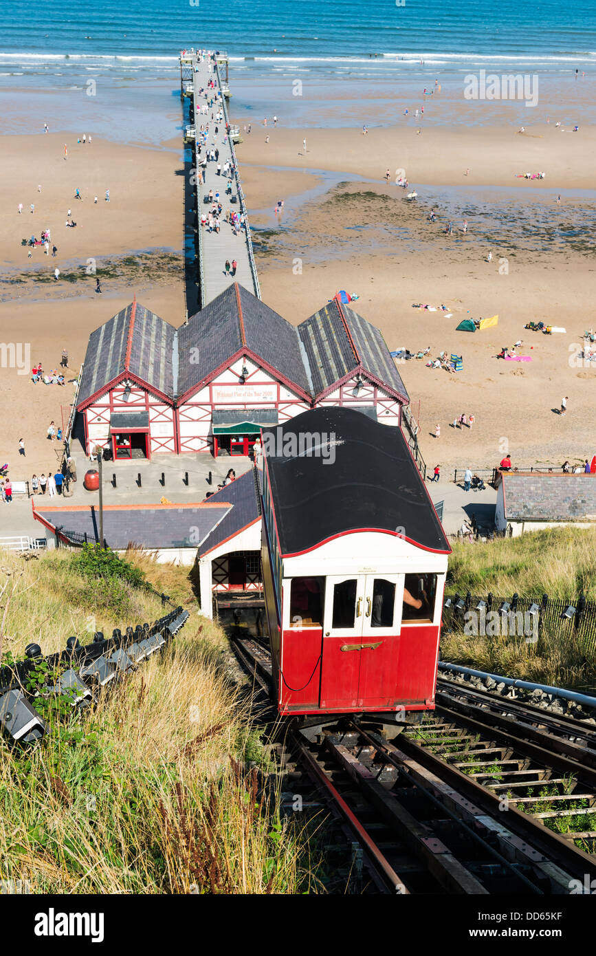 Cliff top view of the water powered Funicular Railway tram with ...