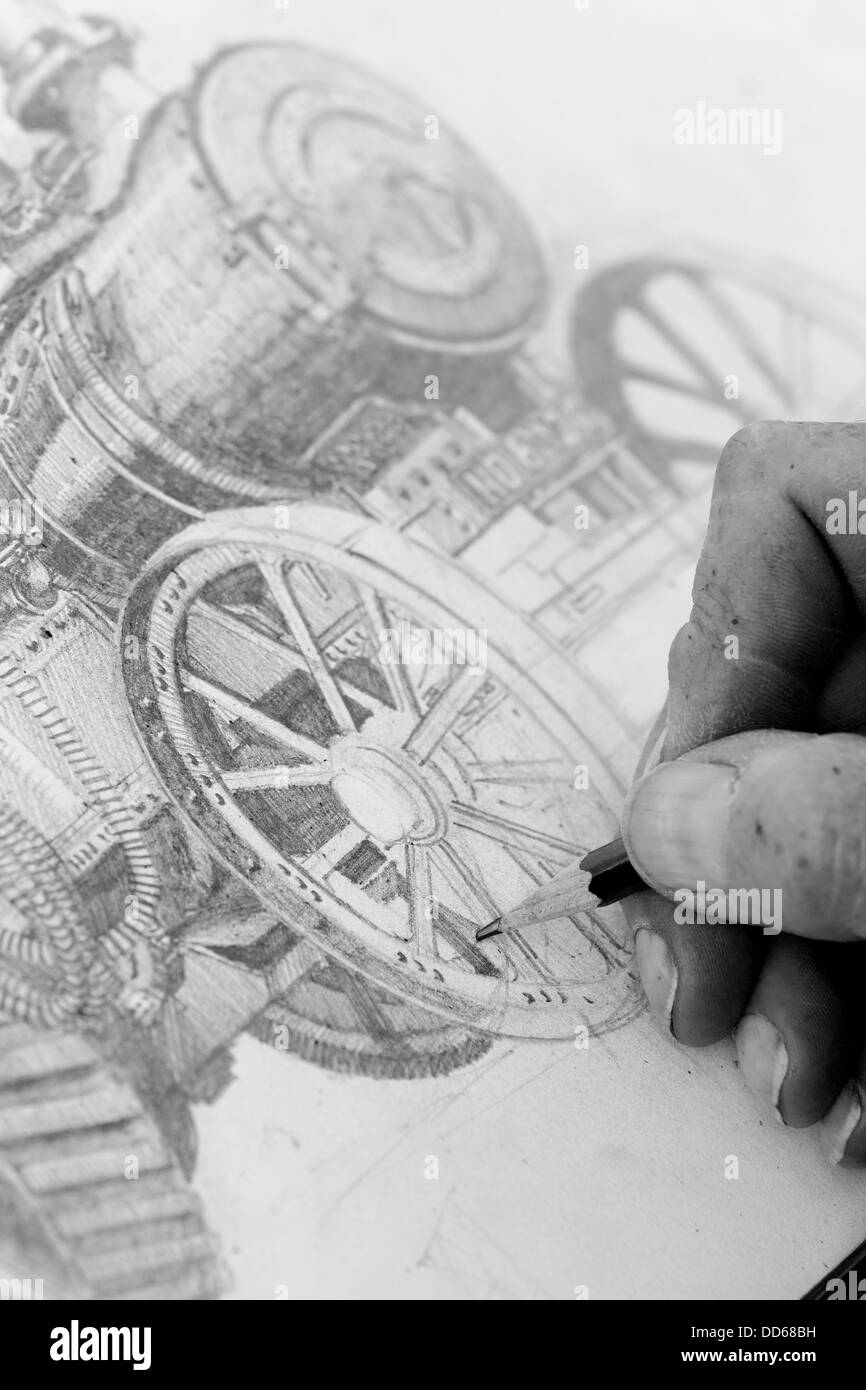 Artist sketching a steam engine Stock Photo - Alamy