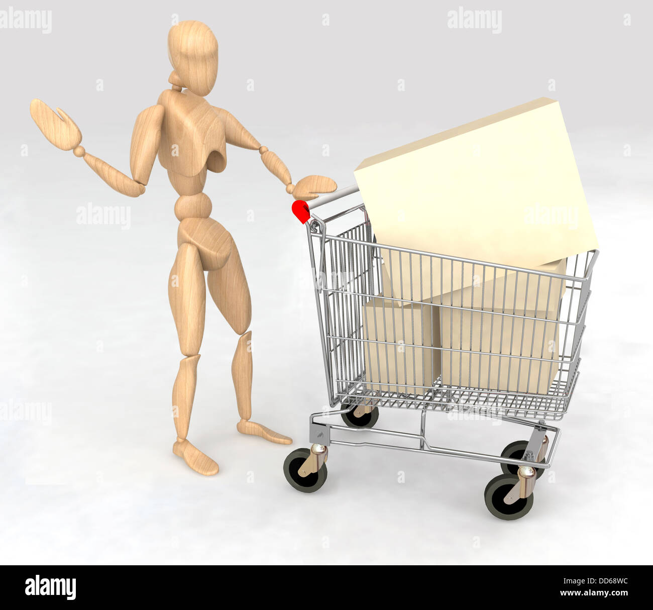 wooden dummy with a shopping cart full of products Stock Photo - Alamy