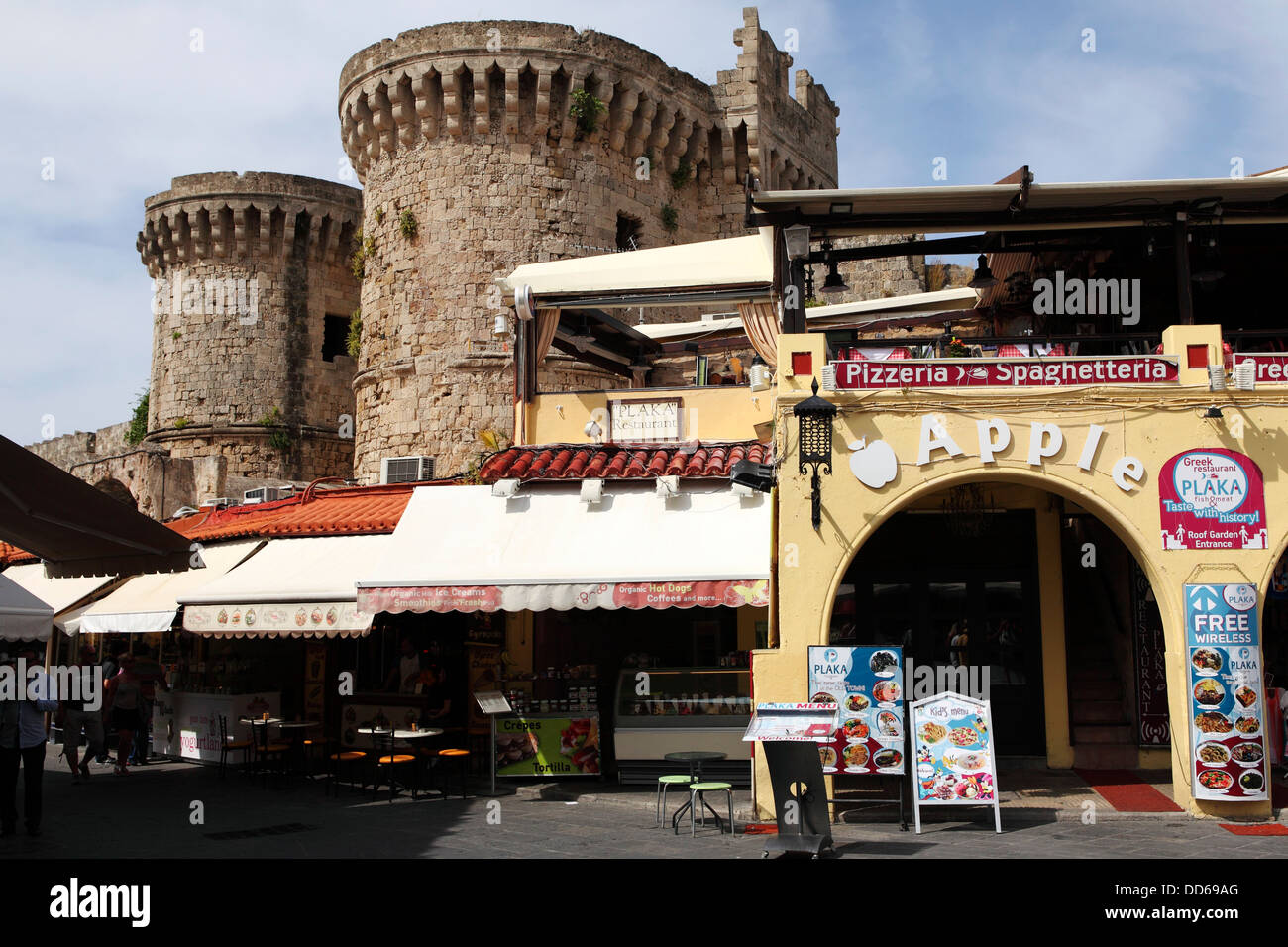 Restaurants and medieval buildings by the Ipokratous Square in Rhodes ...