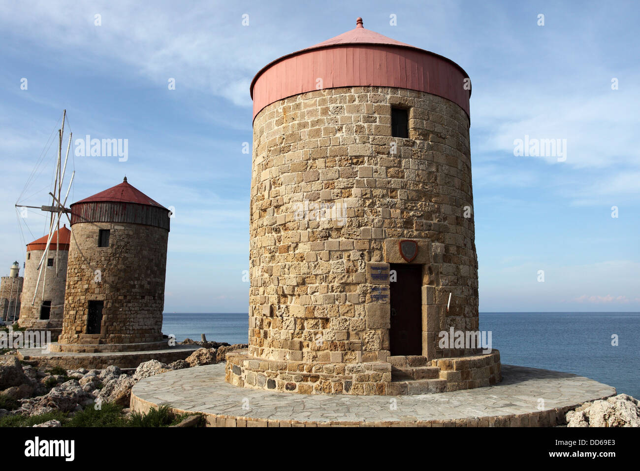 Medieval windmills at Mandraki harbour at Rhodes City, Rhodes, Greece ...