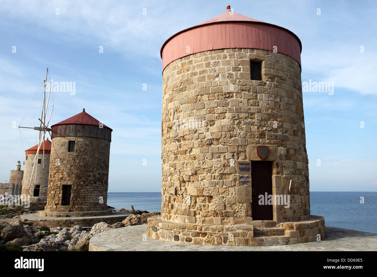 Medieval windmills at Mandraki harbour at Rhodes City, Rhodes, Greece ...