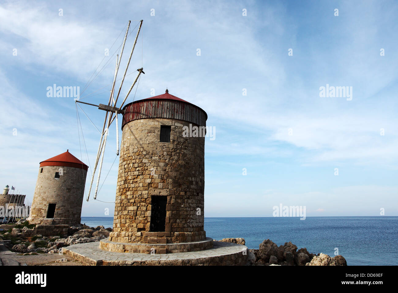Medieval windmills at Mandraki harbour at Rhodes City, Rhodes, Greece ...