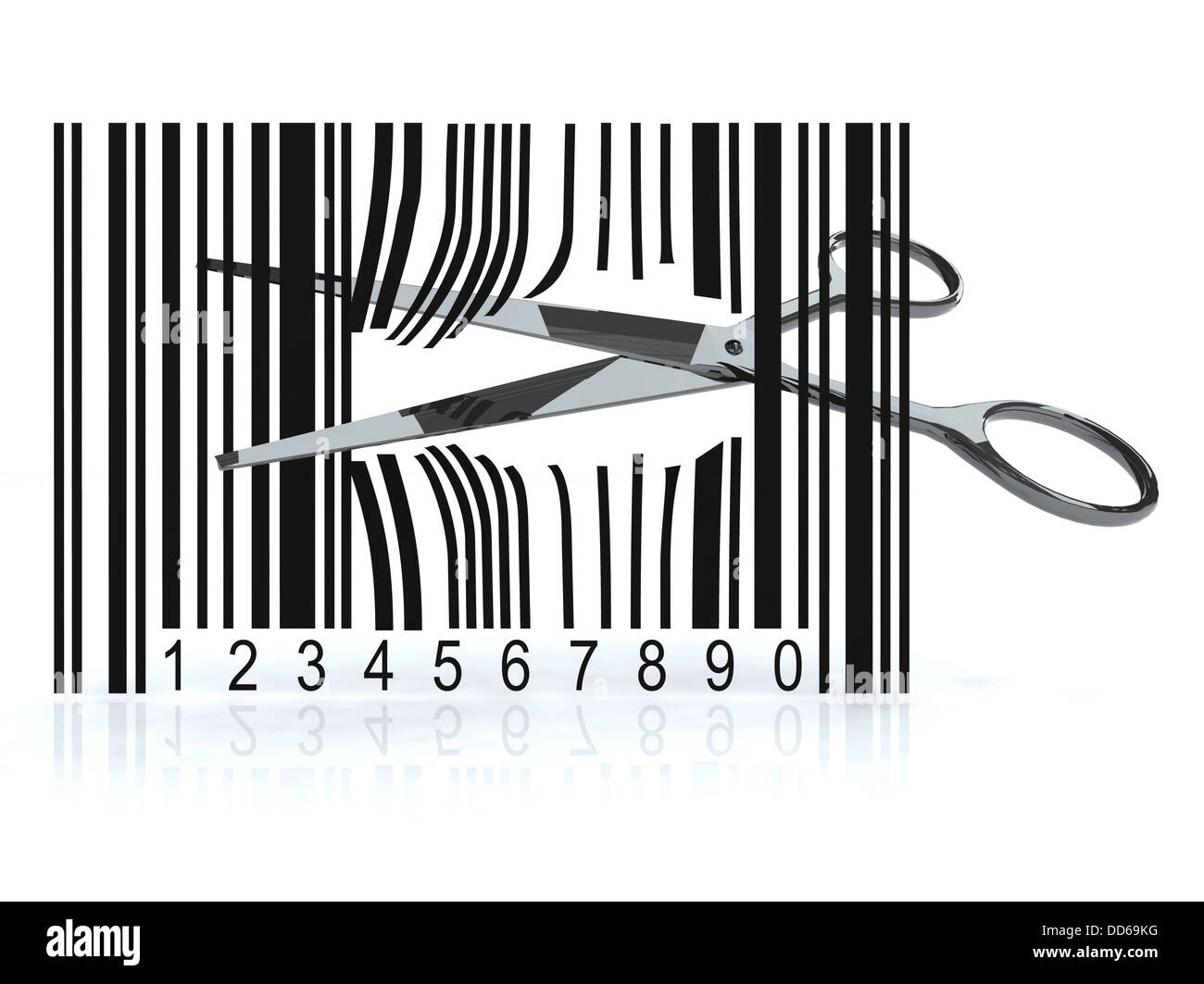 Bar code with 3d scissors that cut, on white background Stock Photo - Alamy