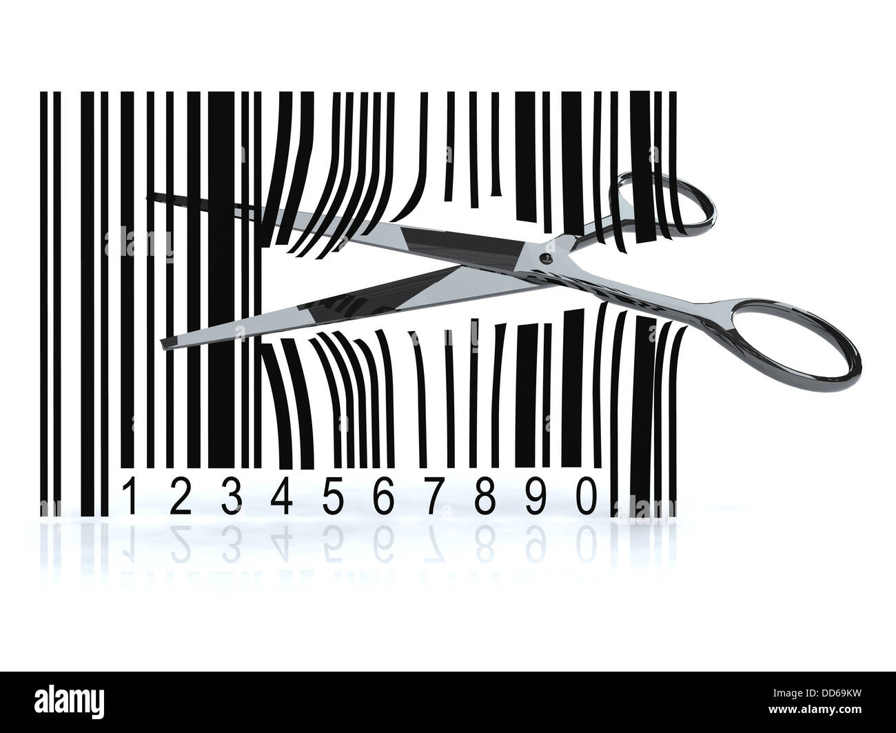 Bar code with 3d scissors that cut, on white background Stock Photo - Alamy