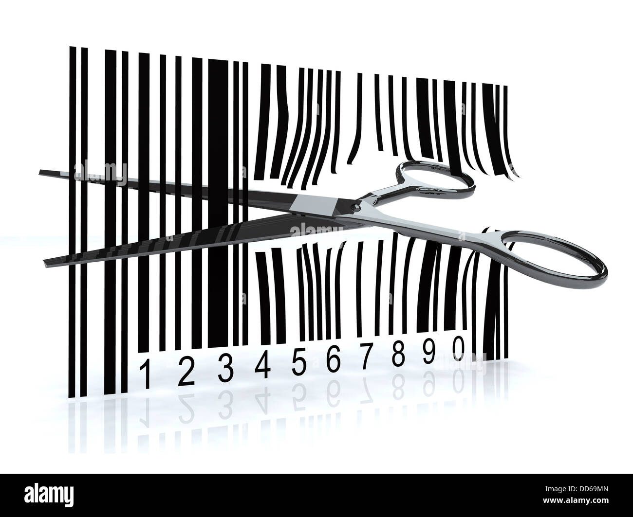 Bar code with 3d scissors that cut, on white background Stock Photo - Alamy