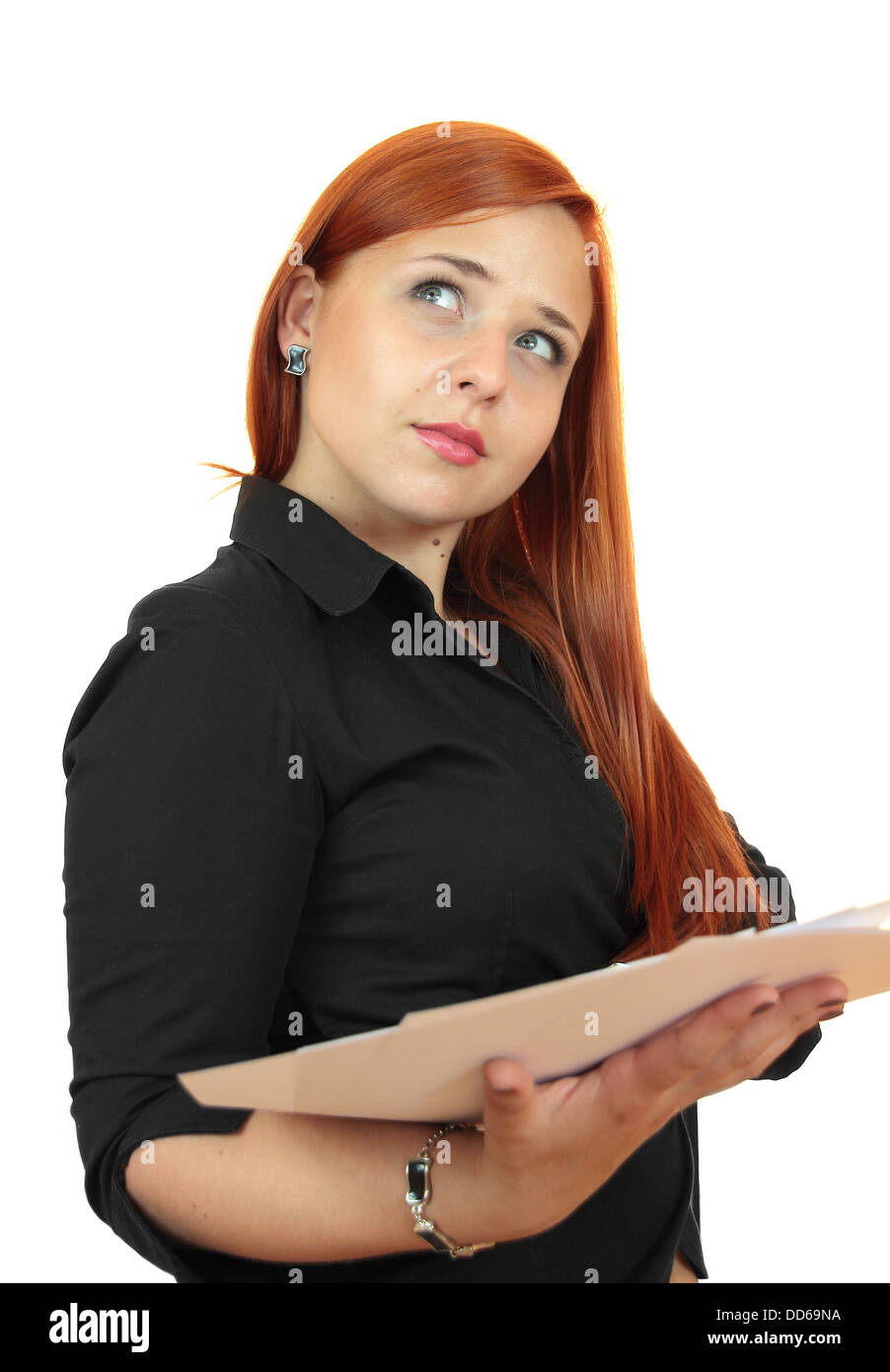 Portrait of a pretty young woman looking up on white background Stock ...