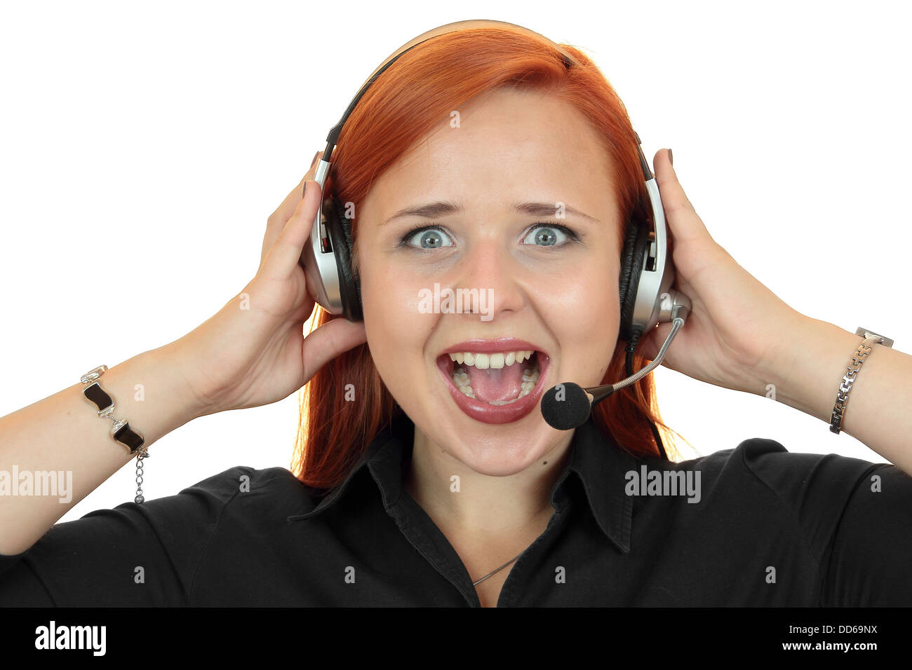 Young call center secretary consultant woman screaming on the phone ...