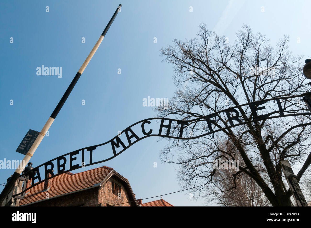 Sign at the entrance to Auschwitz Nazi concentration camp, Poland Stock ...
