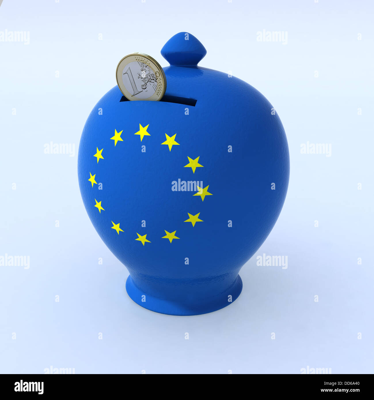 ceramic money box with European flag and one euro coin that is coming ...