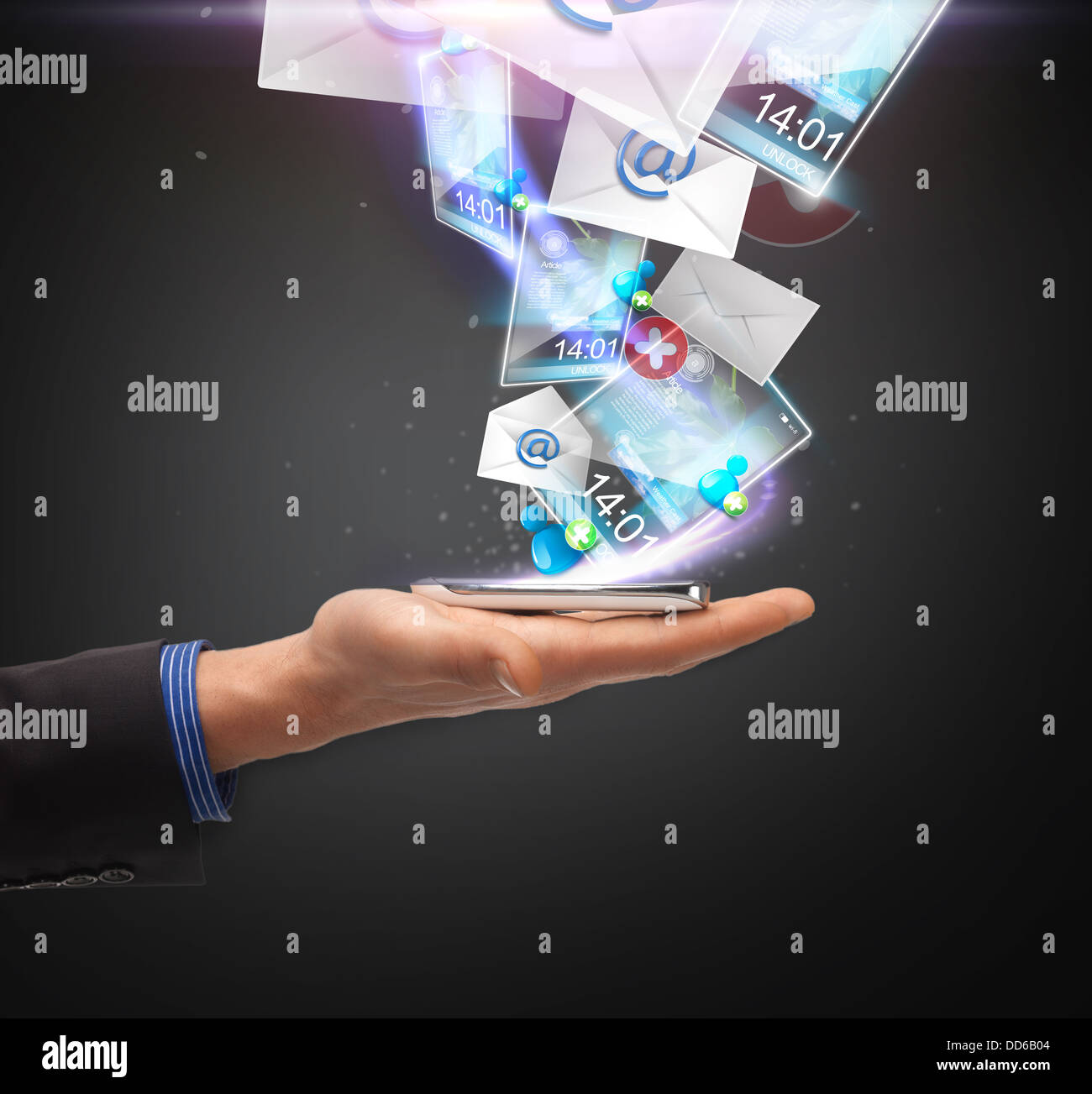 hand holding smartphone with icons Stock Photo - Alamy