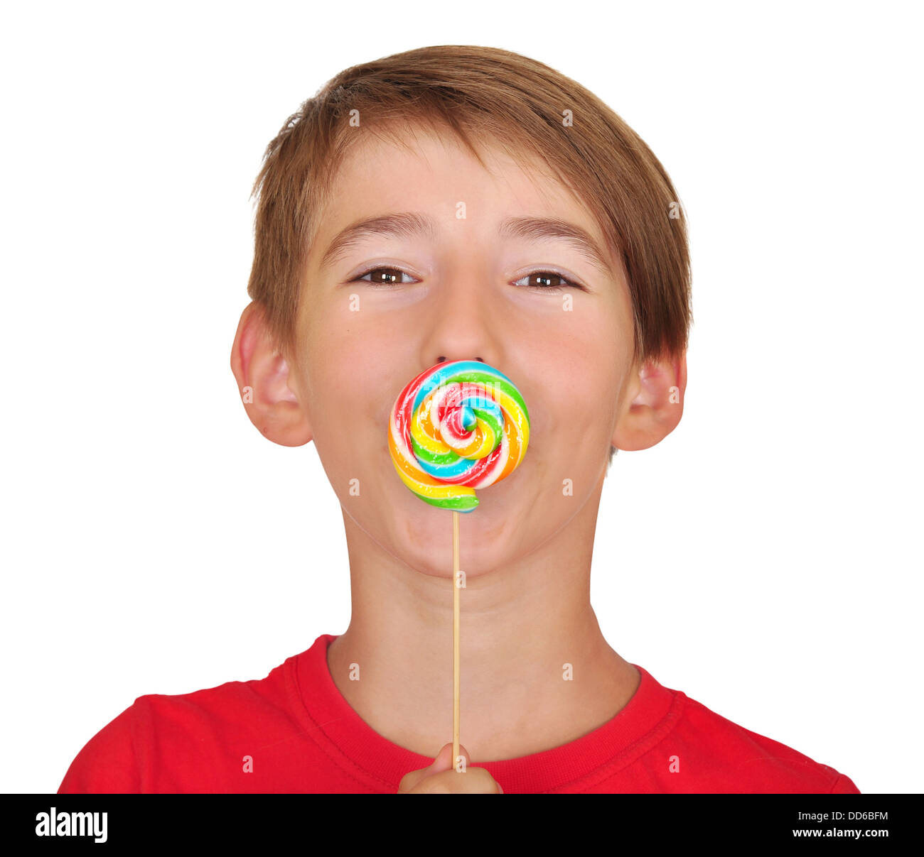 Portrait of beautiful joyful boy with candy isolated on white ...