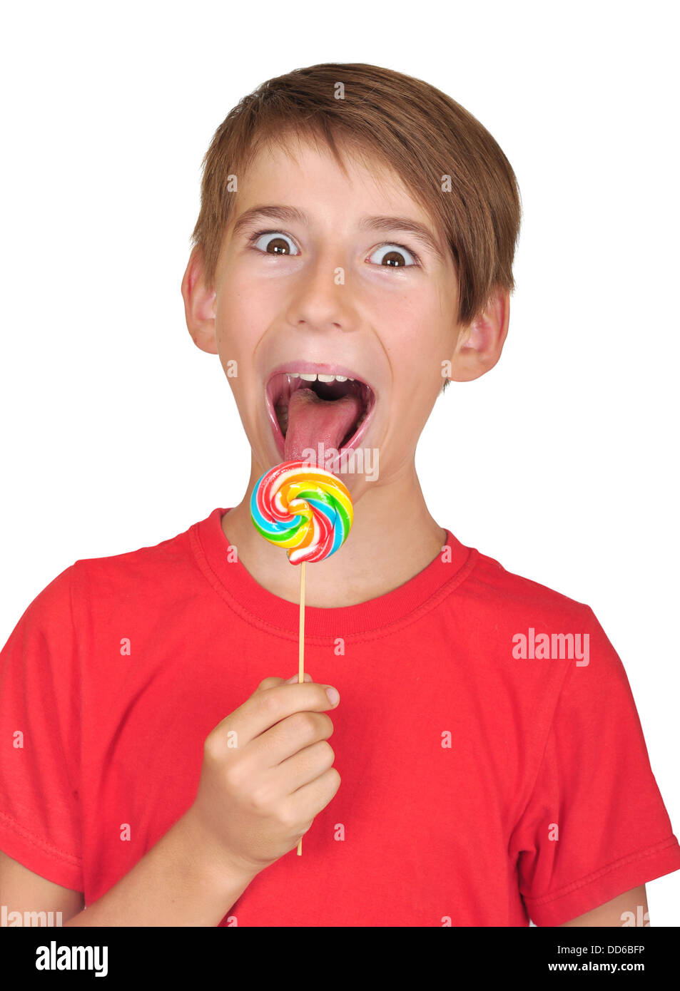 Portrait of beautiful joyful boy with candy isolated on white ...