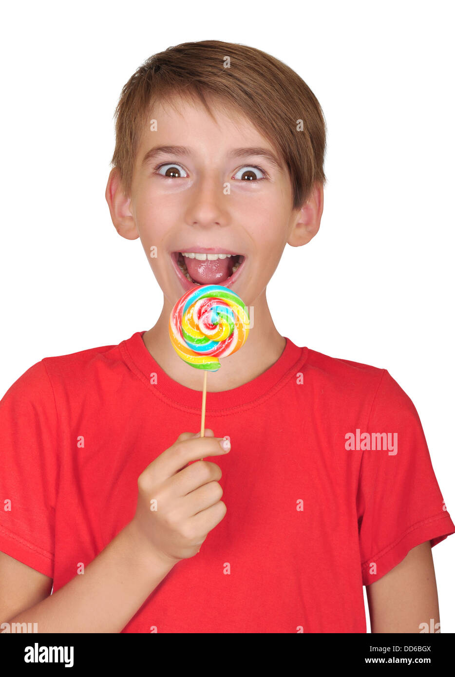 Portrait of beautiful joyful boy with candy isolated on white ...
