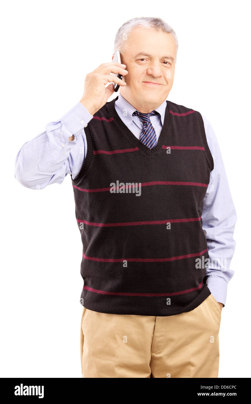 Smiling gentleman talking on a mobile phone isolated on white ...