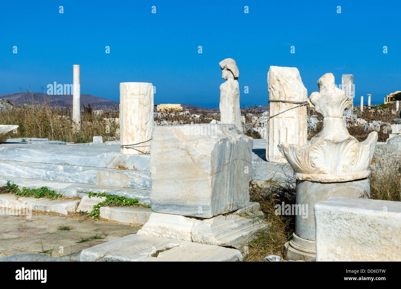 Greece, Delos, archaeological site, marble statue along the Sacred Way ...