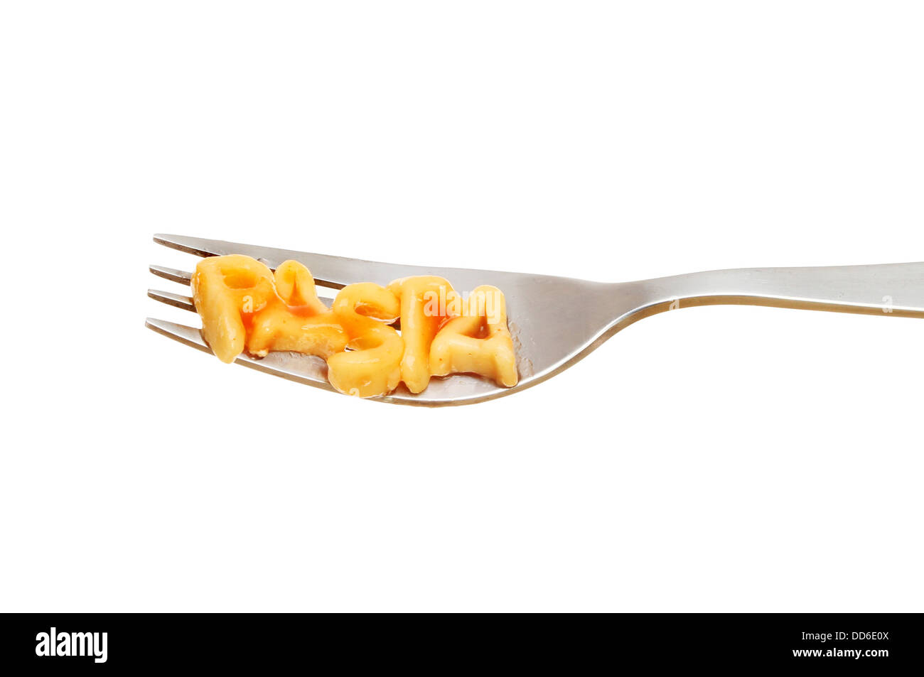Alphabet spaghetti on a plate spells pasta isolated against white Stock ...