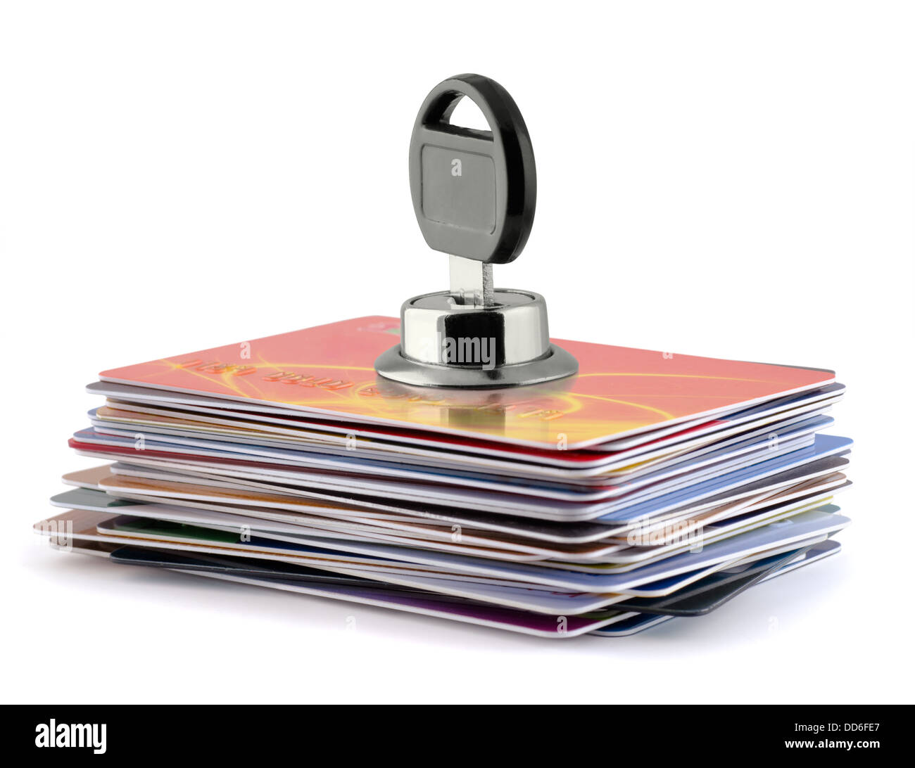 Stack of credit cards with key inserting in lock hole Stock Photo - Alamy