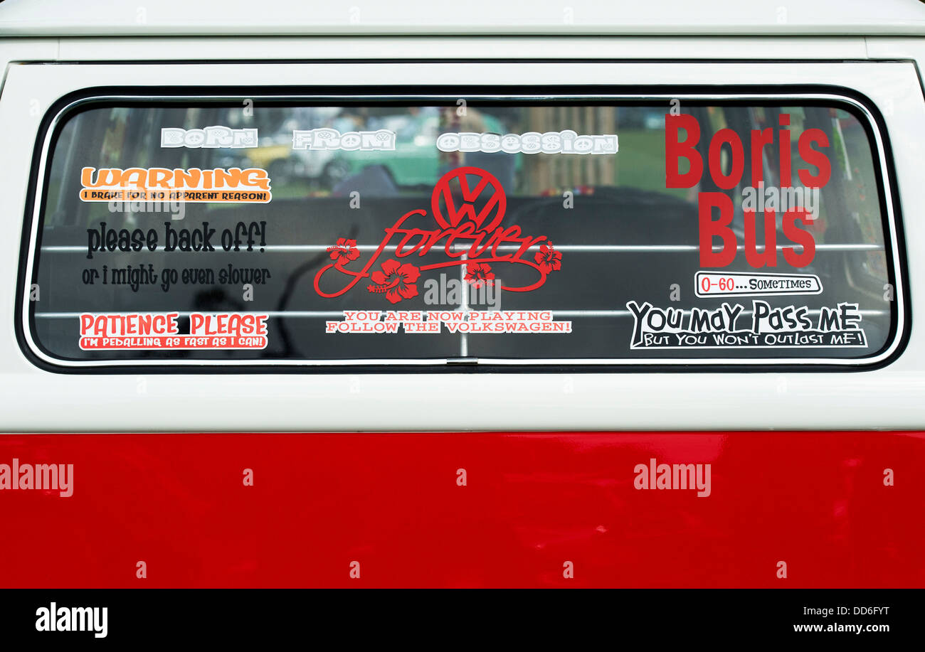 VW Volkswagen camper van rear end window with stickers Stock Photo - Alamy