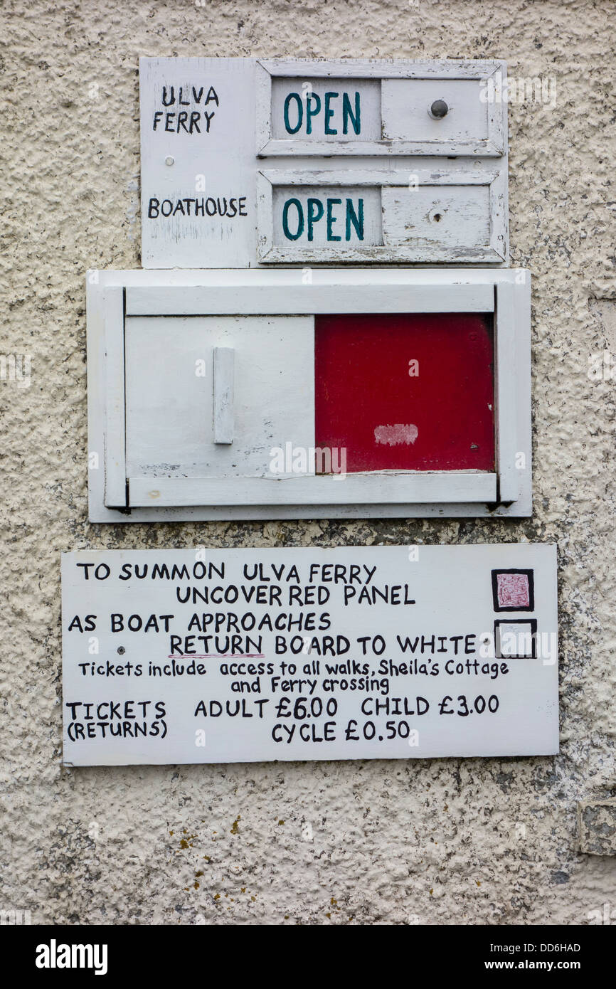 Ferry sign at Ulva Ferry used to summon the ferry, Isle of Mull, Argyll ...