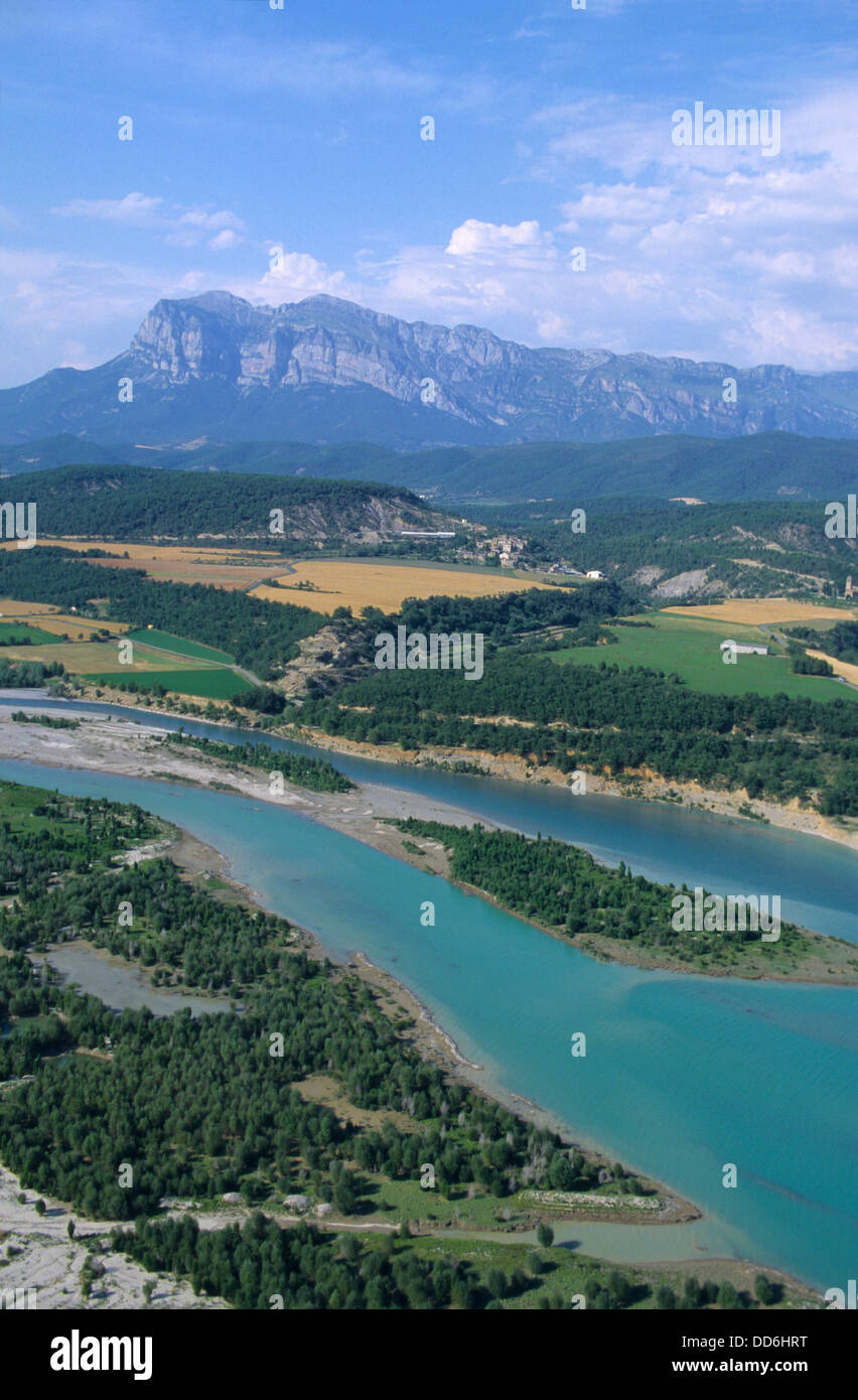 Aerial view of Rio Cinca river near Ainsa and back Sierra Ferrera ...