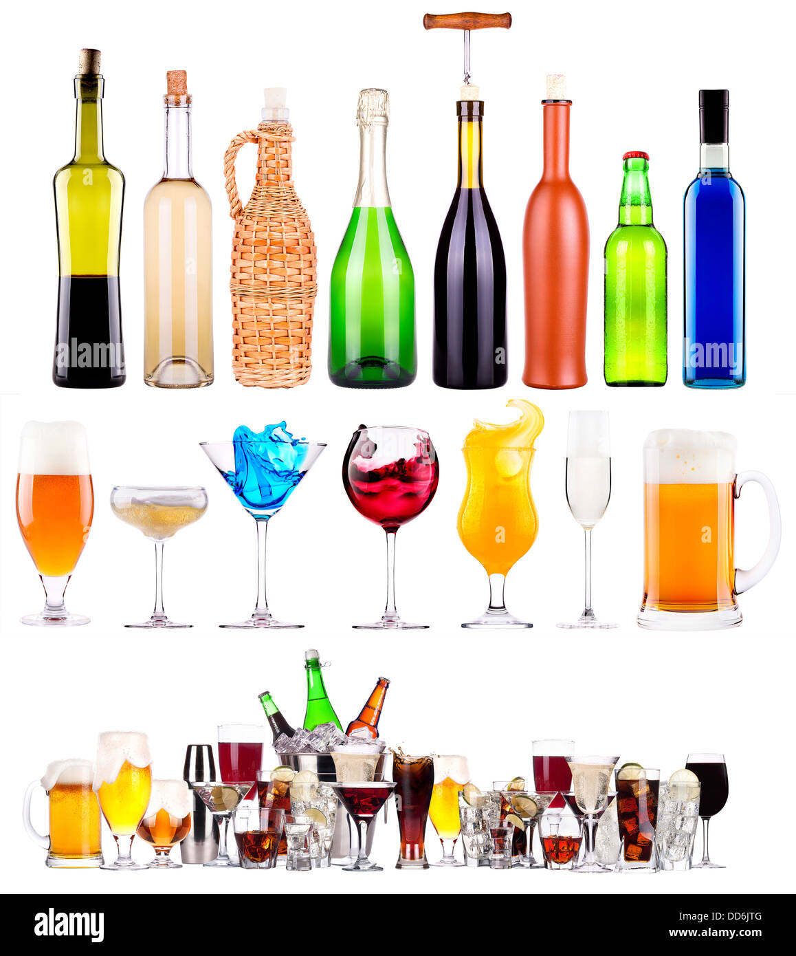 alcoholic drinks set with splash - cocktail, cola, beer, wine,champagne ...